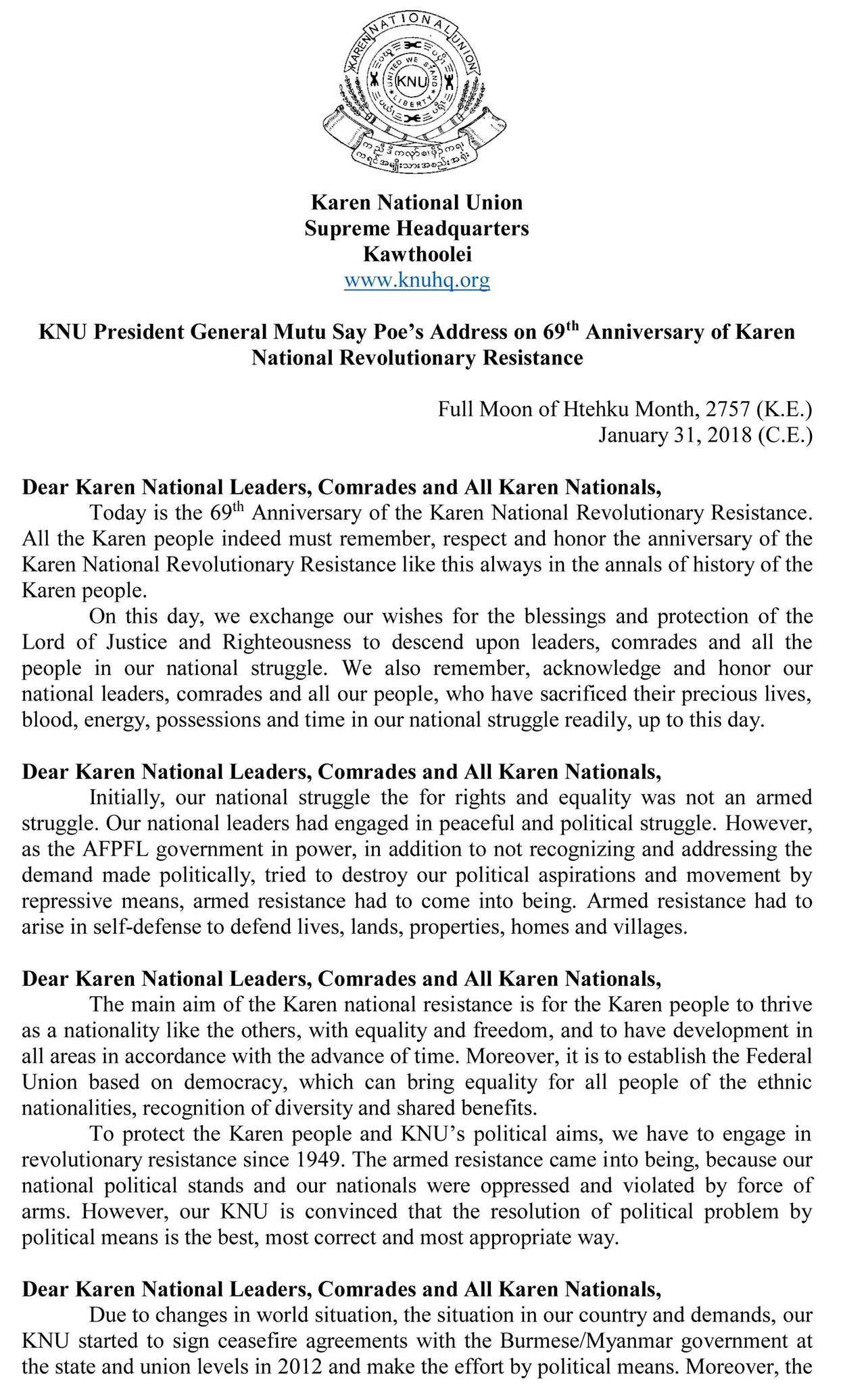 KNU President General Mutu Say Poe’s Address on 69th Anniversary of ...