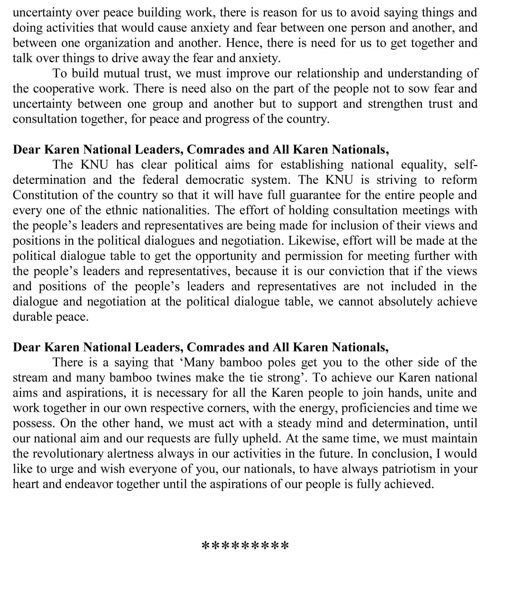 KNU President General Mutu Say Poe’s Address on 69th Anniversary of ...