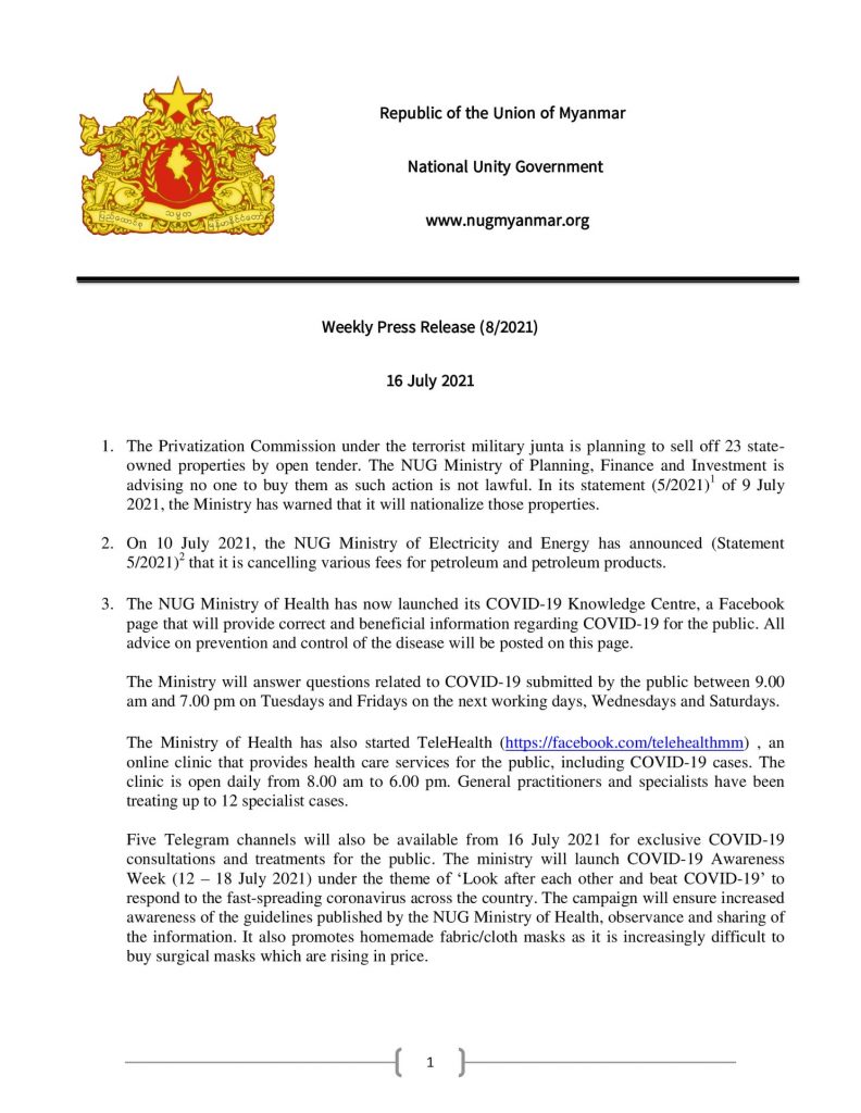 National Unity Government of Myanmar: Weekly Press Release (8/2021 ...