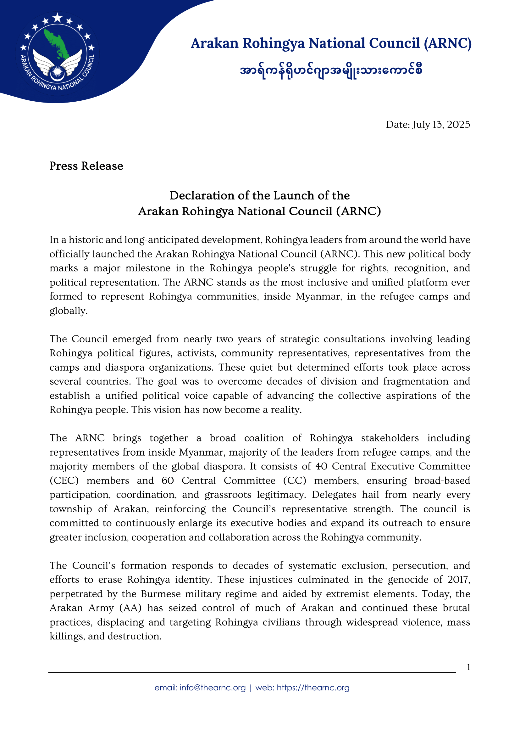 Declaration of the Launch of the Arakan Rohingya National Council (ARNC ...