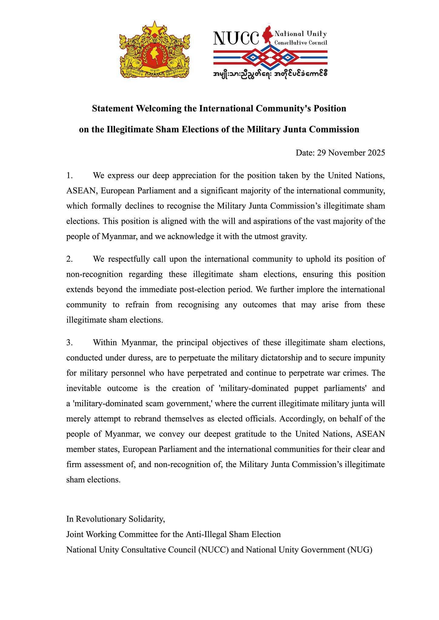 Statement Welcoming the International Community’s Position on the ...